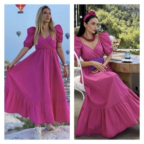 Zara | Dresses | Zara Bright Pink Puff Sleeve Empire Waist Maxi Dress ...